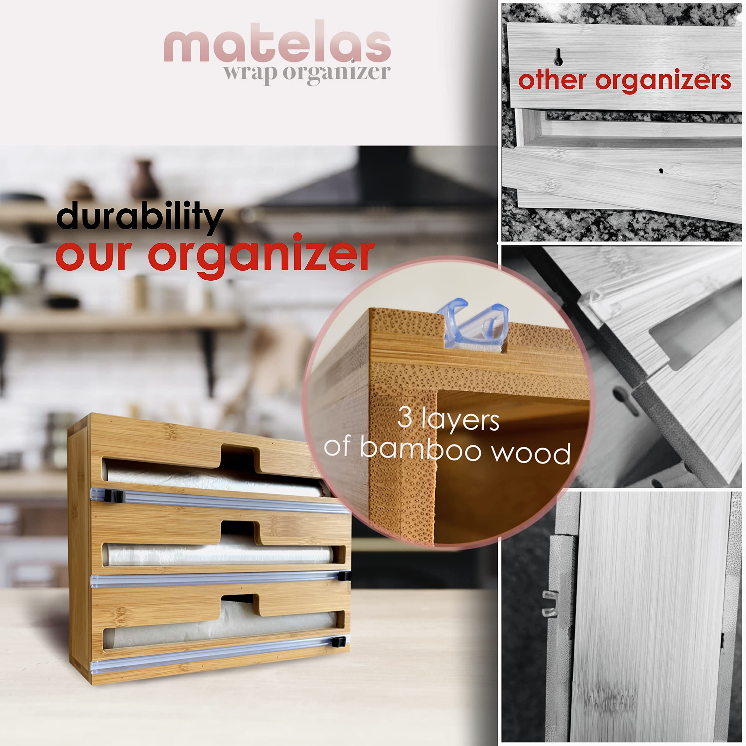 3 in 1 Bamboo Wrap Dispenser with Cutter and Labels, Wax Paper, Foil and Plastic Wrap Organizer Dispenser for Kitchen Drawer or Wall Mounted, Roll Holder, Compatible with 12" Roll [matelas]