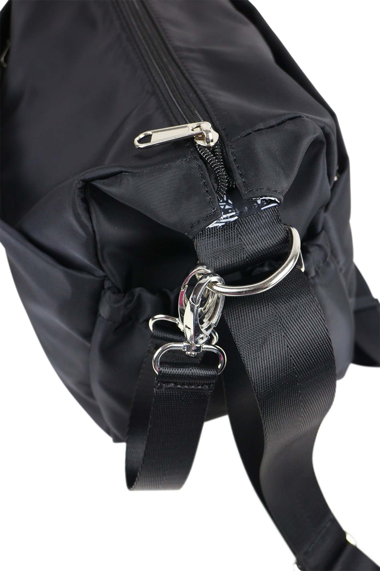 Purse Diaper Bag in Black Nylon with Matching Changing Pad Stroller Straps Premium Zippers 11 Pockets Insulated for Baby Bottles Crossbody Silver Tone Hardware Spacious Perfect for Moms on The Go