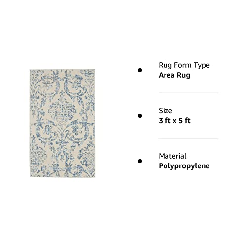 Nourison Jubilant Damask Ivory/Blue 3' x 5' Area -Rug, Easy -Cleaning, Non Shedding, Bed Room, Living Room, Dining Room, Kitchen (3x5)