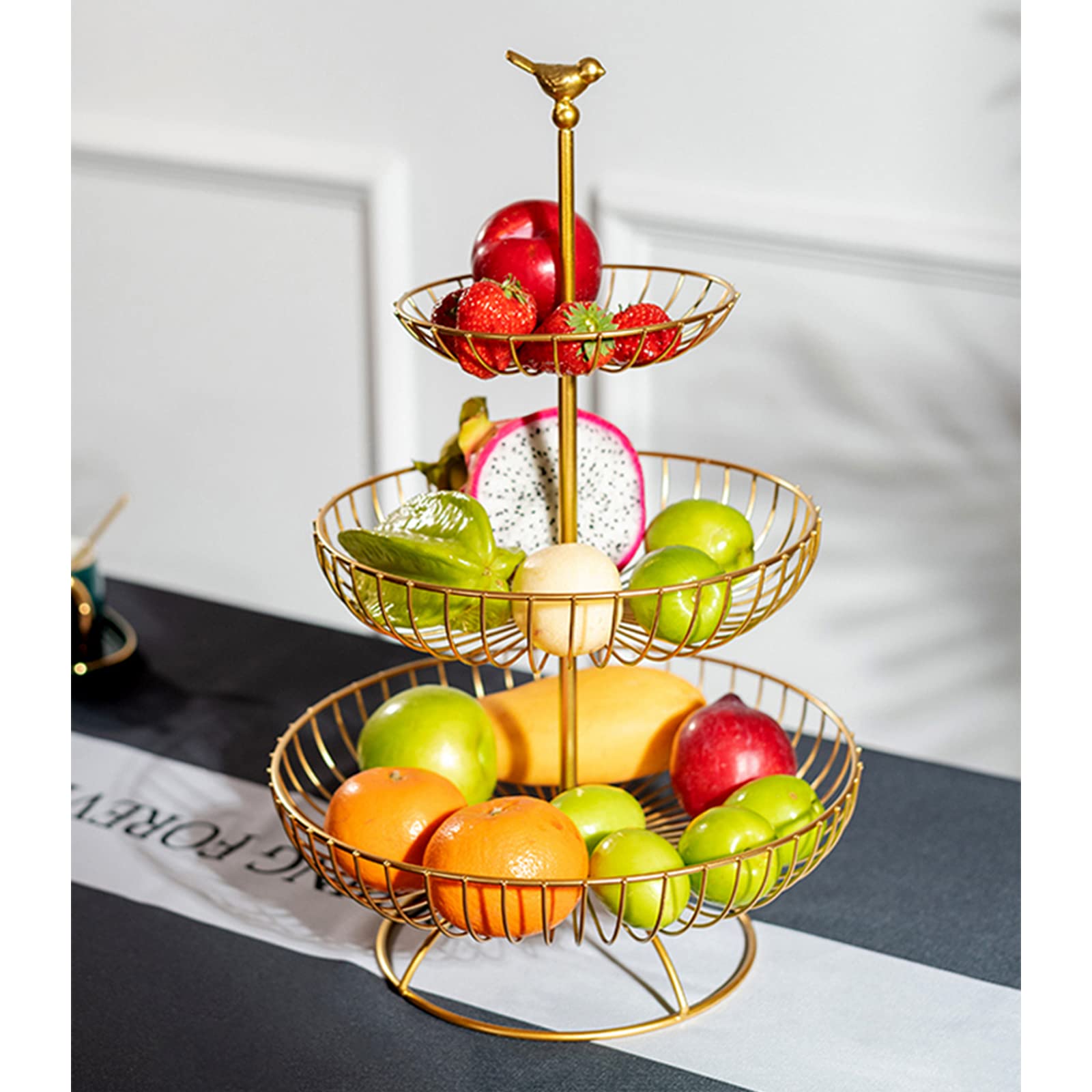 3 Tier Kitchen Countertop Fruit Basket Bowl for Bread Vegetables Snack Storage, Removable Organizer Shelf Storage Rack, Modern Design Tiered Fruit Holder Stand,for Gifts Home Party (bird head gold)