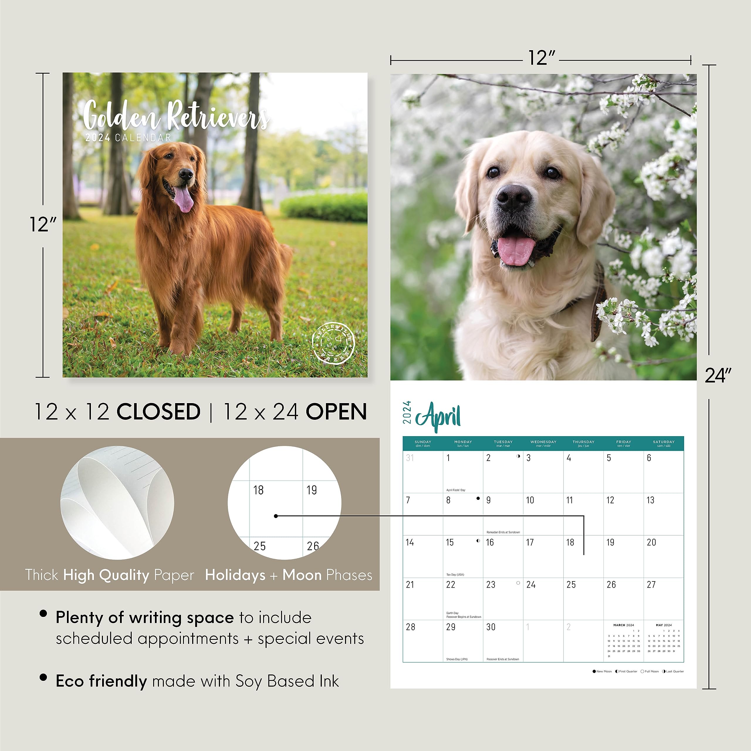 2024 Golden Retrievers Monthly Wall Calendar by Bright Day, 12 x 12 Inch Cute Dog Breed Gift