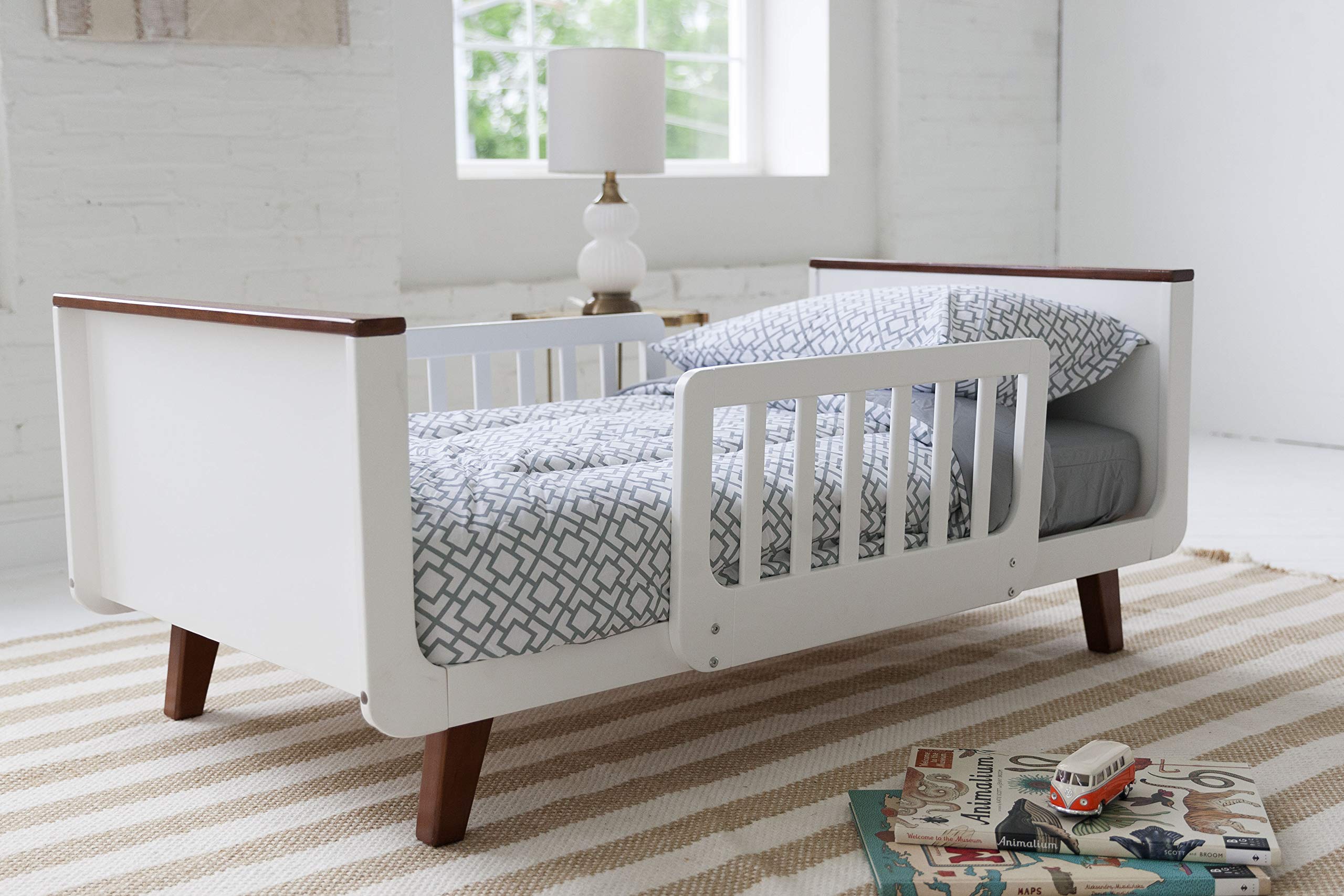 Little Partners MOD Kids Bed - Solid Wood Classic Design Transitional Toddler Bed with Rails for Children's Bedroom with Two Safety Guards, Low-to-Ground Profile (White/Espresso)