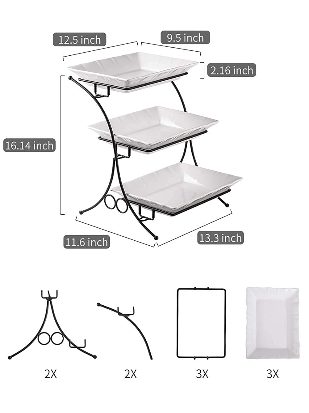 3 Tier Serving Stand Tiered Oval Bowl Stand with 3 Oval Porcelain Serving Bowl Set with Collapsible Thicker Sturdier Metal Rack (Black)