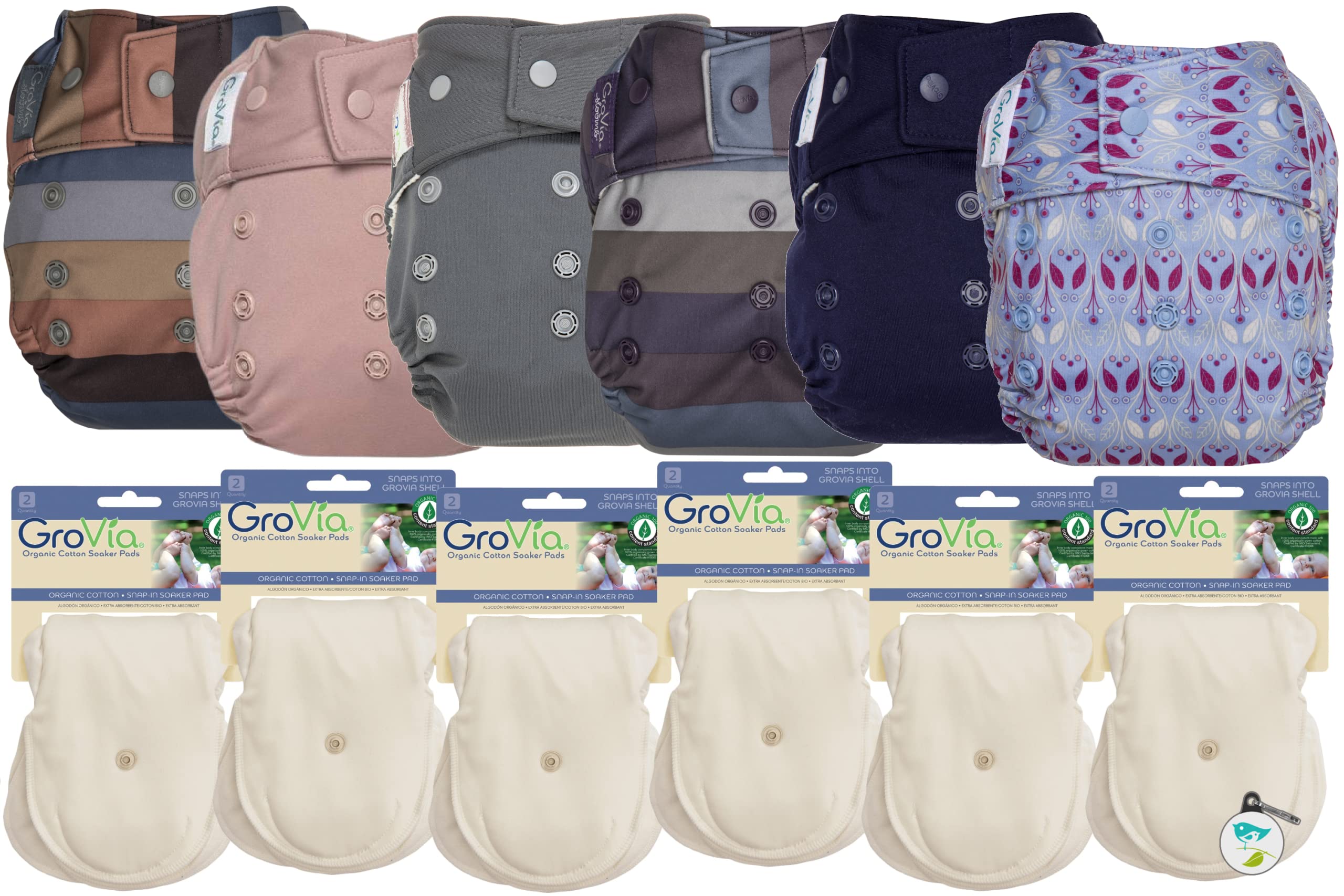 GroVia Hybrid Part Time Package: 6 Shells + 12 Organic Cotton Soaker Pads (Color Mix 4 - Snap)