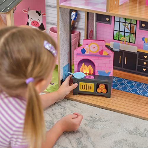 KidKraft Windmill Elevator 2-in-1 Wooden Barn & Dollhouse with Horse and Lights & Sounds, Over 3 Feet Tall, Pink