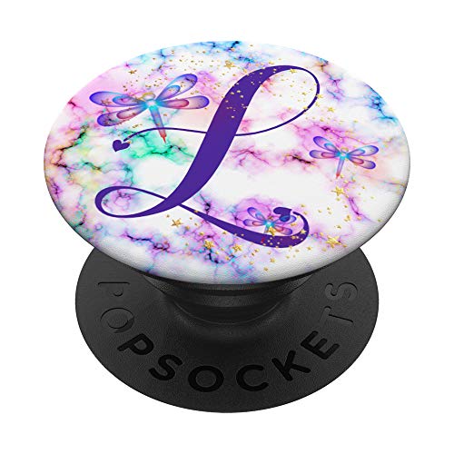 Purple Monogram Letter L Initial Rainbow Dragonfly PopSockets Swappable PopGrip