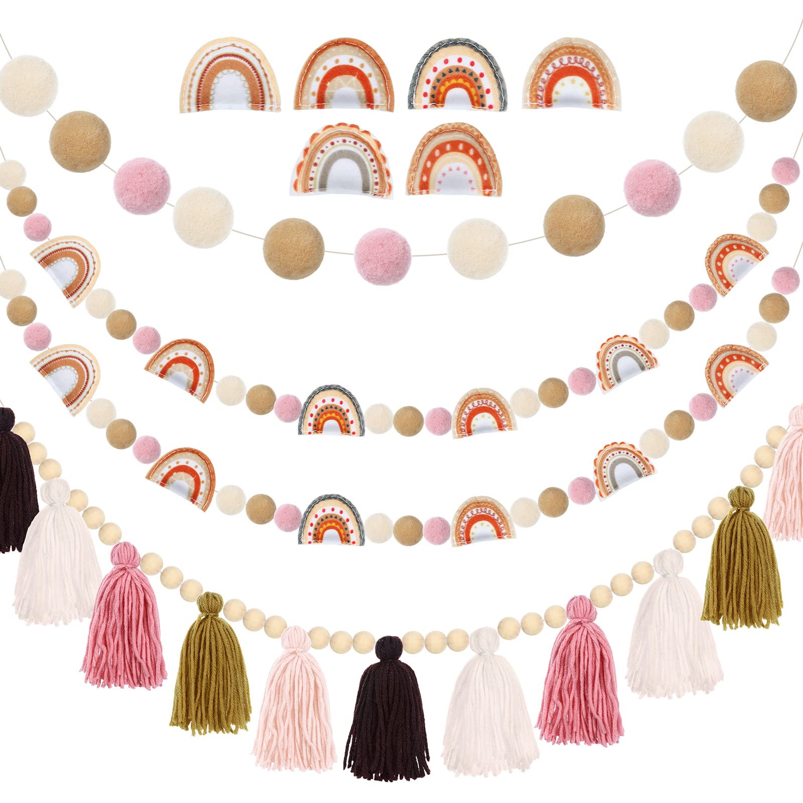 4 Pieces Boho Tassel Garland Rainbow Pom Pom Garland Wall Hanging Decor Pastel Tassel Boho Classroom Decor Felt Colorful Balls Garlands for Classroom Girls Bedroom Nursery Room Birthday Decor