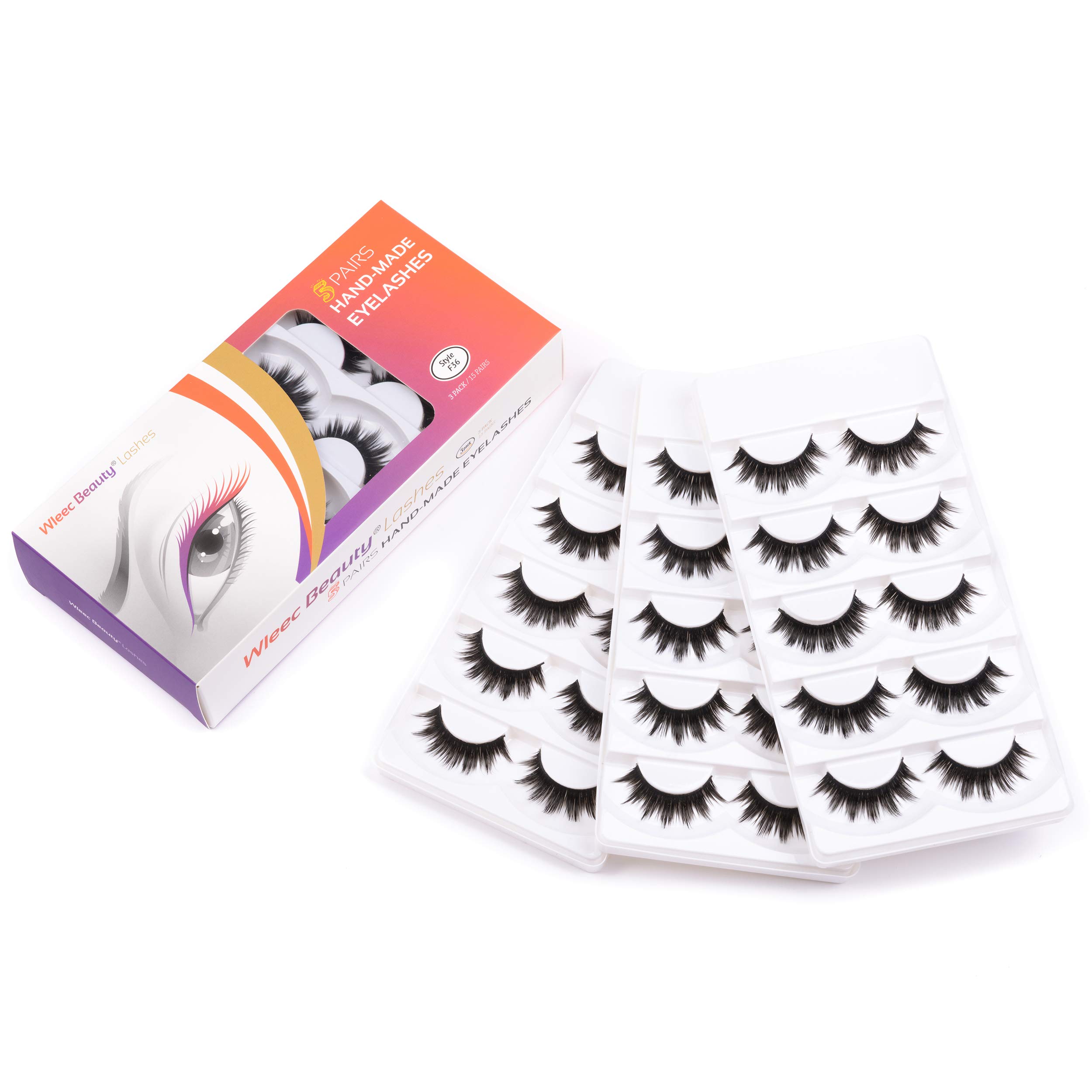 Wleec Beauty False Eyelashes, Dramatic Strip Lashes Pack Handmade Thick Fake Eyelashes Black (F36, 15 Pairs/3 Pack)