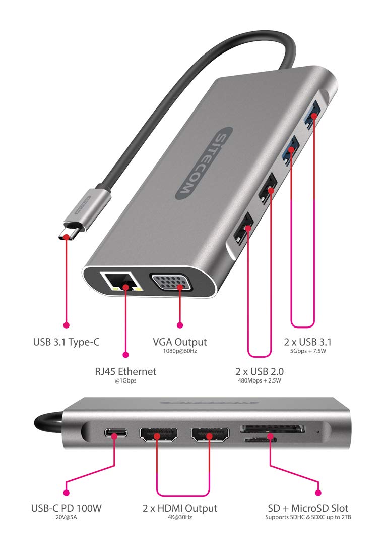 Sitecom CN-390 USB-C Multiport Pro Adapter | USB-C to 2X USB 3.1 + 2X USB 2.0 + 2X HDMI + 1x VGA + 1x Gigabit LAN + 1x SD/Micro-SD Card Reader