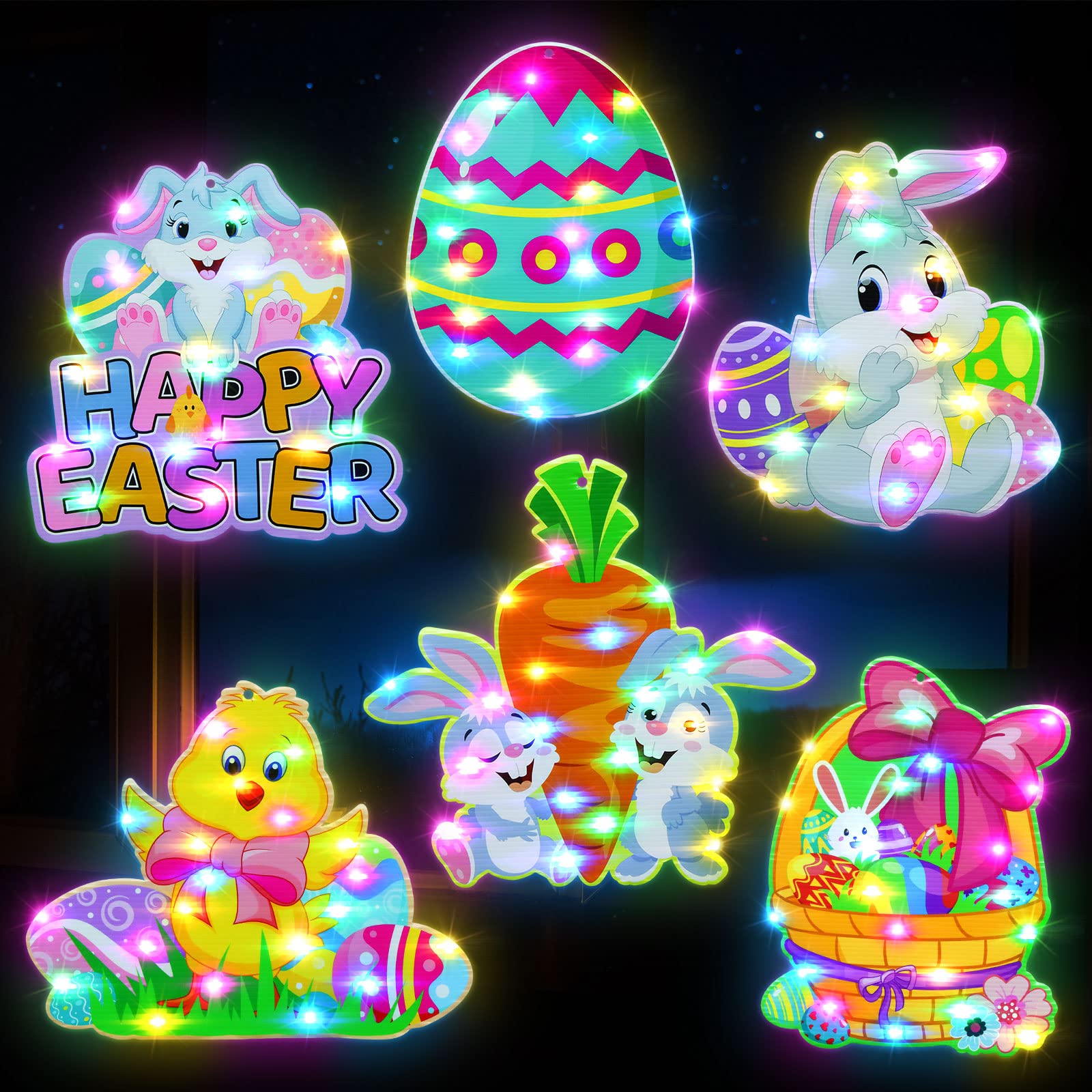 6 Pcs Easter Lights LED Lighted Easter Window Decoration Happy Easter Lighted Silhouette Bunny Chick Easter Eggs Window Light with Hook, Displays Hanging Ornaments for Indoor Outdoor Decor Wall Door