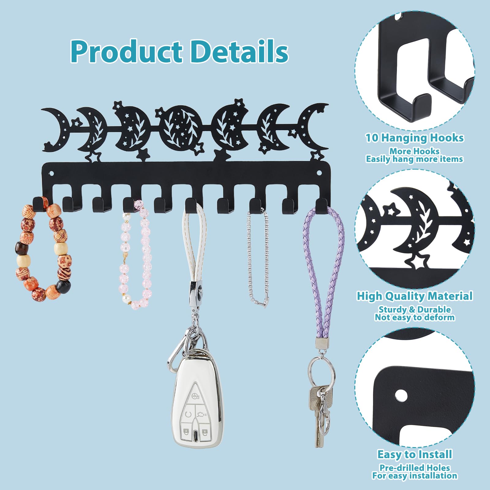 SUPERDANT Moon Phase Key Holder Moon Wall Decor Jewelry Holder Wall Hanging Hooks Metal 10 Hooks Key Holder Wall Moon Decorative Gothic Decor for Bedroom Keys Hangers Mug Purse Jewelry