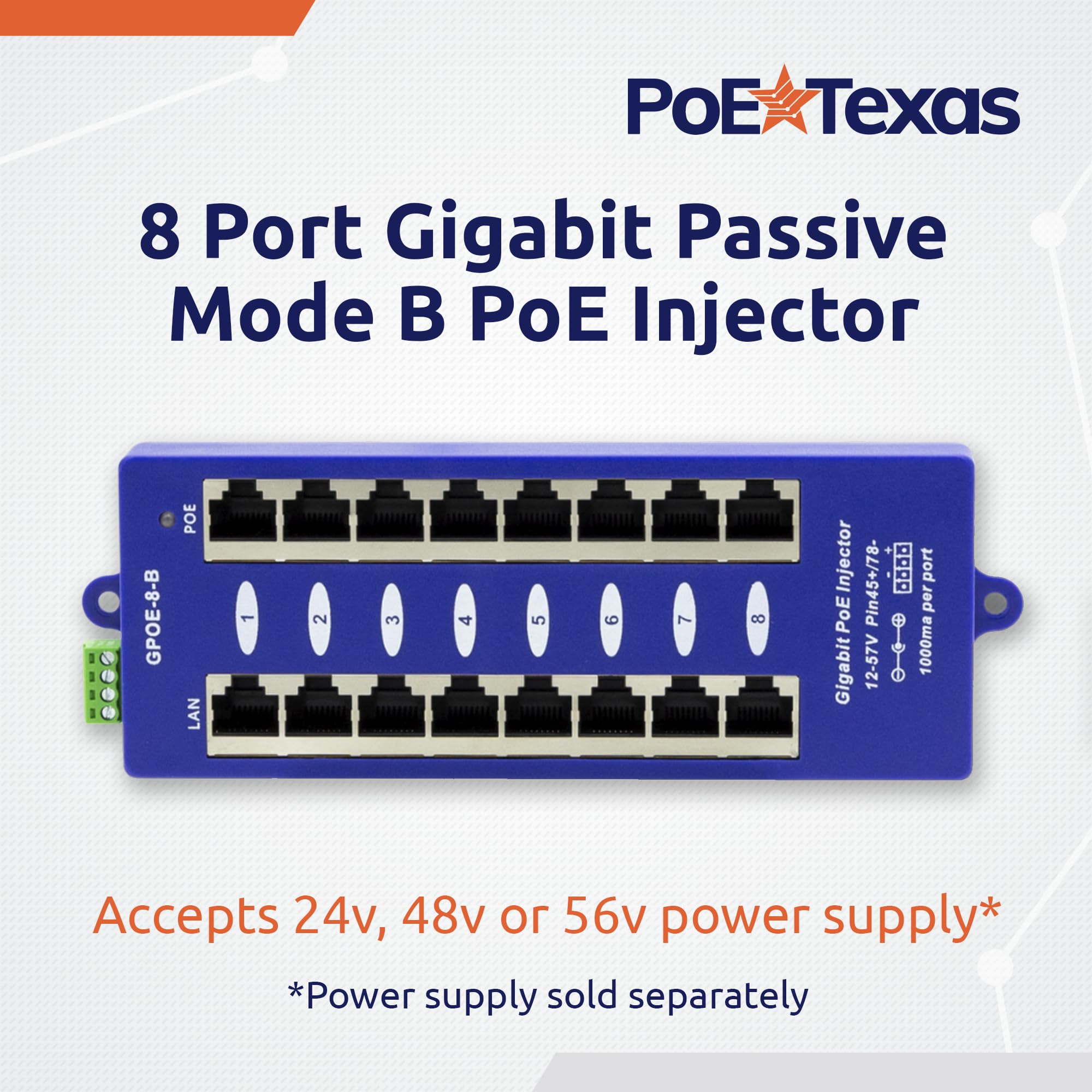 PoE Texas GPOE-8B - 8 Port PoE Injector - Gigabit Passive Mode B Power Over Ethernet Injector for Ubiquiti, Mikrotik & More - Add PoE to A Non-PoE Switch - 24v, 48v or 56v Power Supply Sold Separately
