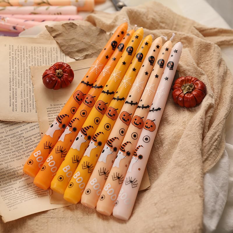 8 Pcs Halloween Taper Candles, 10 Inch Tall Decorative Candles Orange & Pink Ghost Pumpkin Decorative Taper Candles - Ideal for Halloween Party Dinner Table Decorations