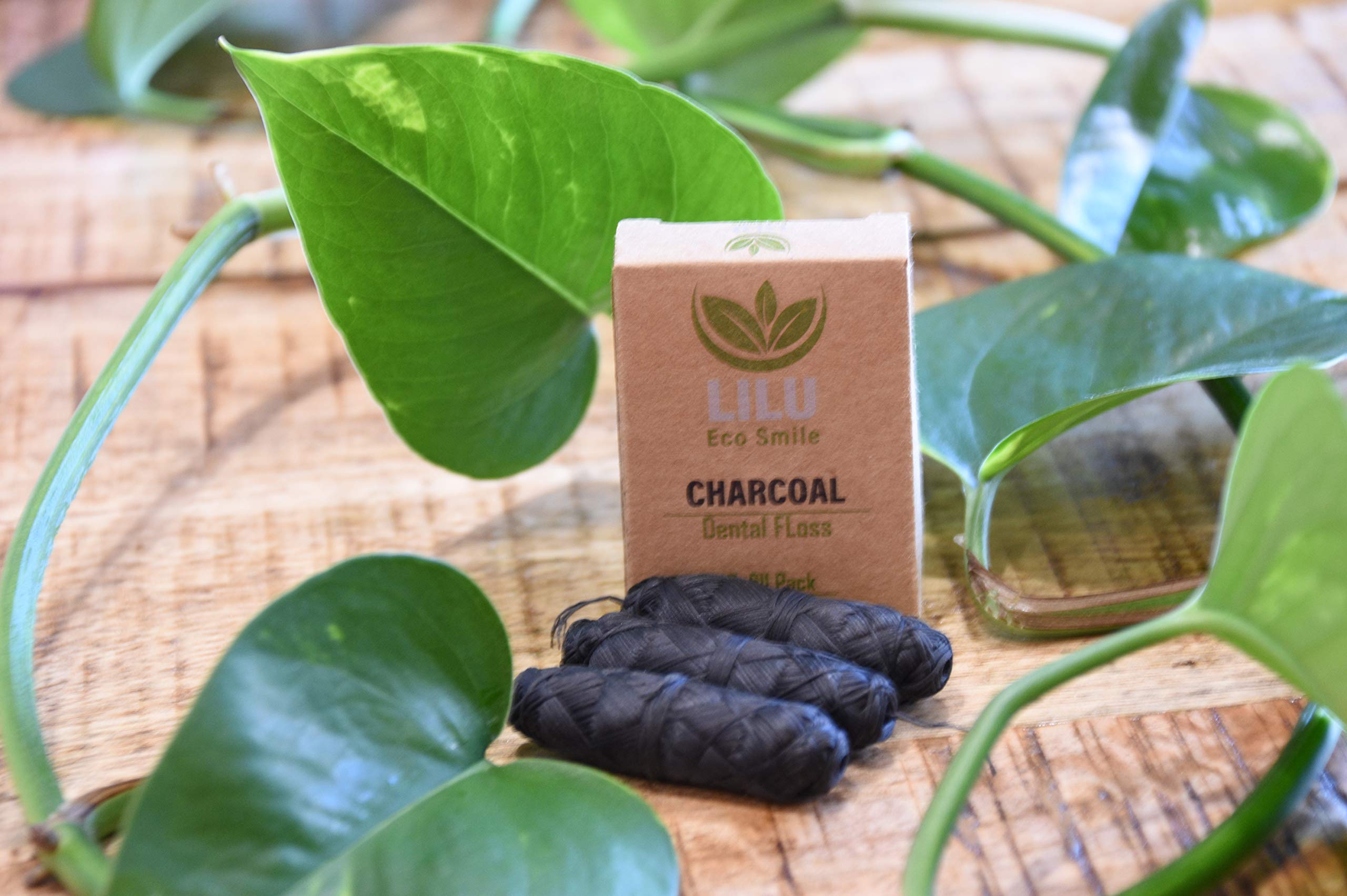 Organic Vegan Bamboo Charcoal Dental Floss X 3 Refill Pack by LILU | with Tea Tree and Peppermint Essential Oils | 3 X 100ft 33m Naturally Waxed | Eco-Friendly Zero Waste