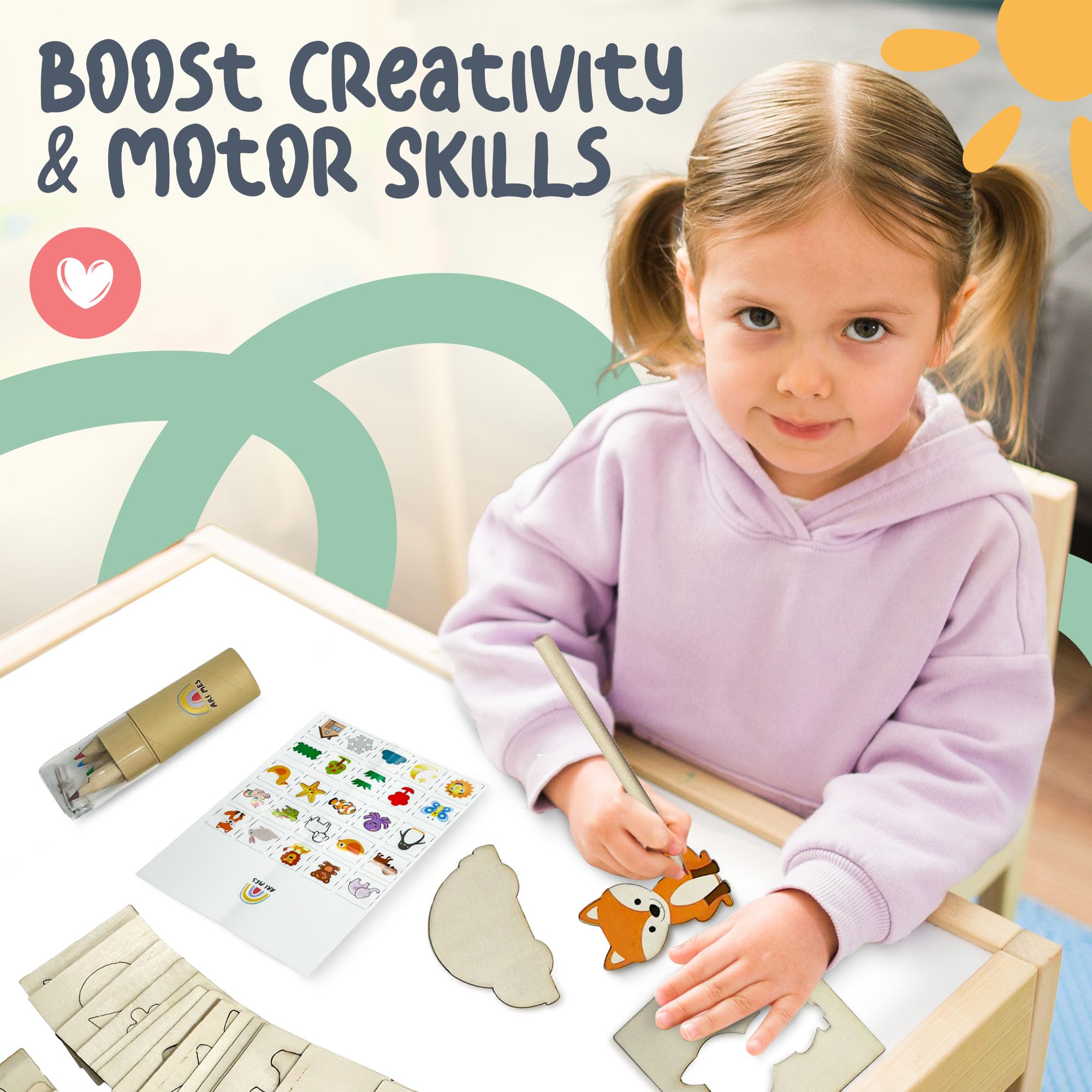 ARI MES - Wooden Stencils Drawing Kit for Kids, 50-Piece Art Stencils with Animal and Shape Stencils, Drawing Stencils, Complete Stencil Art Kit with Notebook, Markers & Bag, Stencils for Crafts