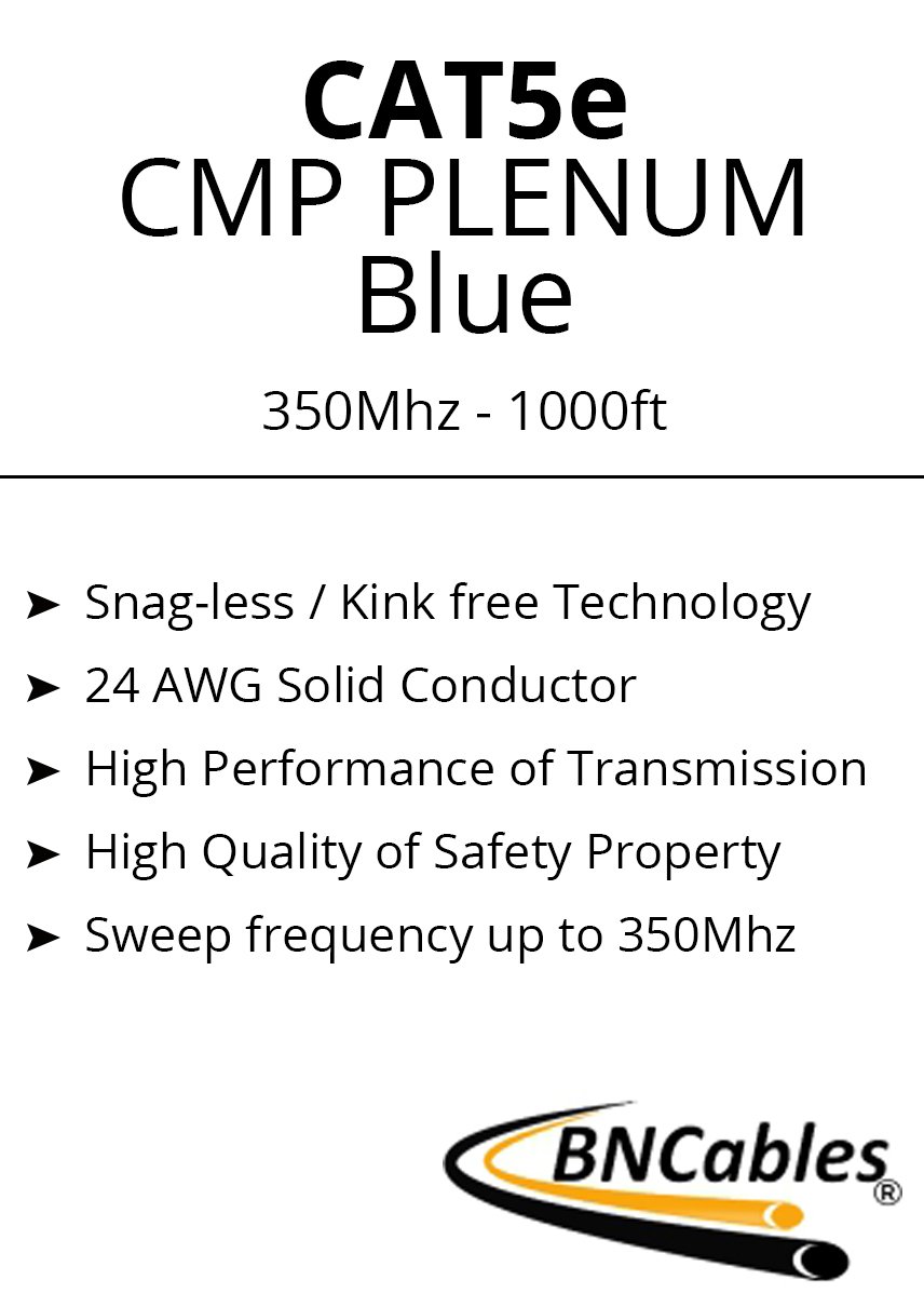 CAT5e (CMP) Plenum Cable, 1000FT | 24AWG 4Pair, 350MHz Solid Network Cable Unshielded Twisted Pair (UTP), Available in Blue, White, Gray & Black Color