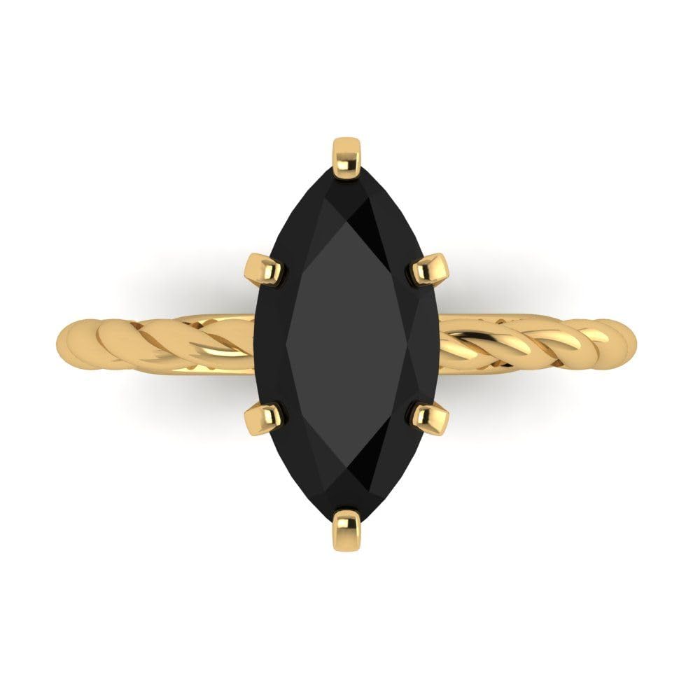 2ct Marquise Cut Solitaire Rope Twisted Knot Natural Black Onyx Engagement Promise Anniversary Ring 18K yellow Gold 3.5