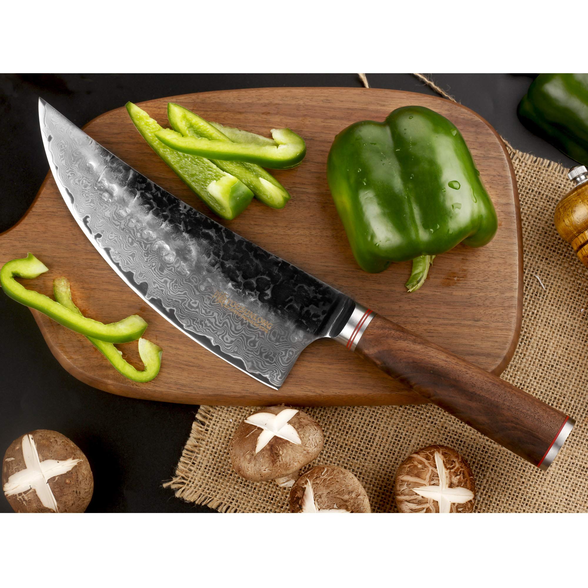 YOUSUNLONG Cleaver Knife 8 Inch(205mm) Butcher Knife Japanese Hammered Damascus Steel Natural Walnut Wooden Handle with Leather Sheath