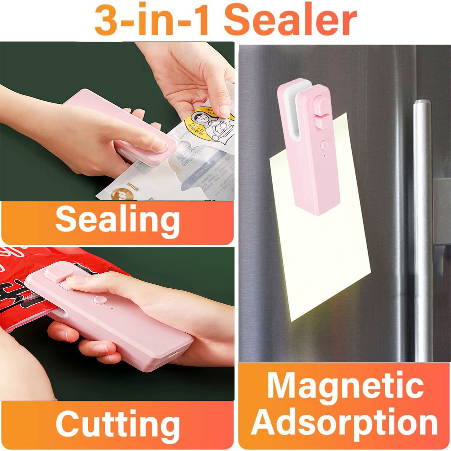 3 in 1 Mini Bag Sealer,Rechargeable Handheld Plastic Bag Resealer,with Cutter 3 in 1 Heat Portable Vacuum Sealers Kitchen Gadget for Chip Bags, Plastic Bags, Snack Freshness Food Storage(USB Cable)