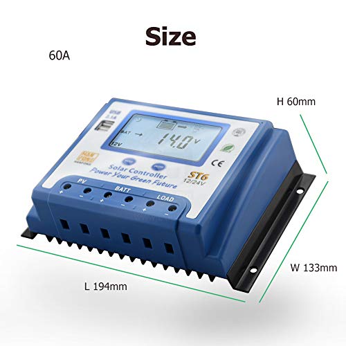 60A Solar Charge Controller 12V/24V Automatic Voltage Recognition Solar Panel Charging Discharge Regulator with Dual 5V USB Output Backlight LCD Display