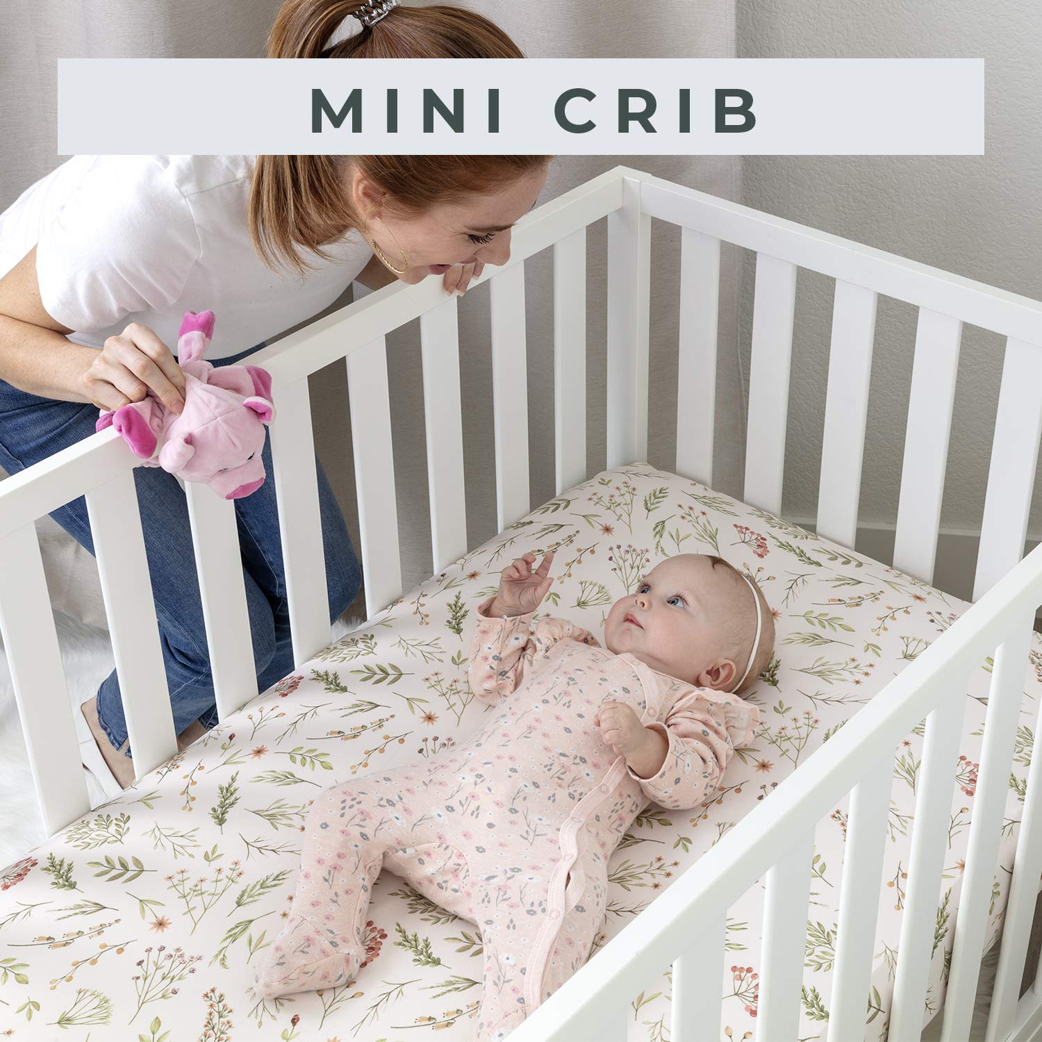 Pobibaby - 2 Pack Premium Pack N Play Sheets Fitted for Standard Pack and Plays and Mini Cribs - Ultra-Soft Cotton Blend, Stylish Floral Pattern, Safe and Snug for Baby (Zephyr)
