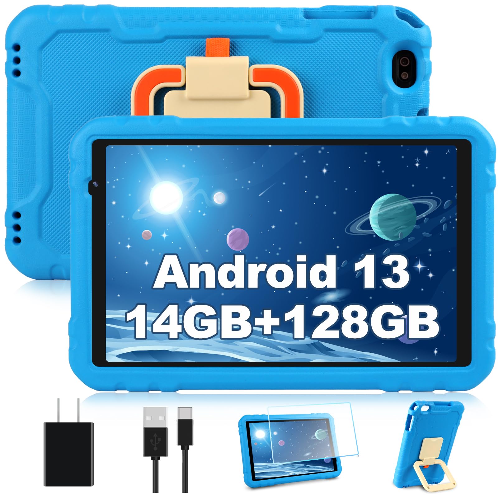 2024 Tablet 10 inch Android 13 Tablets with Octa-Core, 14GB RAM 128GB ROM, 8000mAh Battery, Drop-Proof Case, TF 512GB, HD IPS Touchscreen, 5G/2.4G WiFi, Bluetooth 5.0, GPS, Split Screen Support -Blue