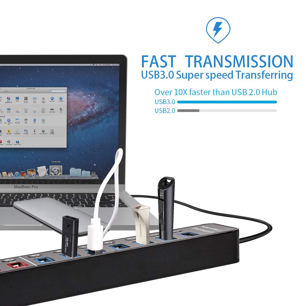 LYFNLOVE Powered USB Hub,11 Port 48W Data Charging Hub with 7 USB 3.0 Ports and 4 Smart Charging Ports,USB 3.0 Splitter with On/Off Switches for Laptop,PC, Computer,TV, HDD, Flash Drive and More