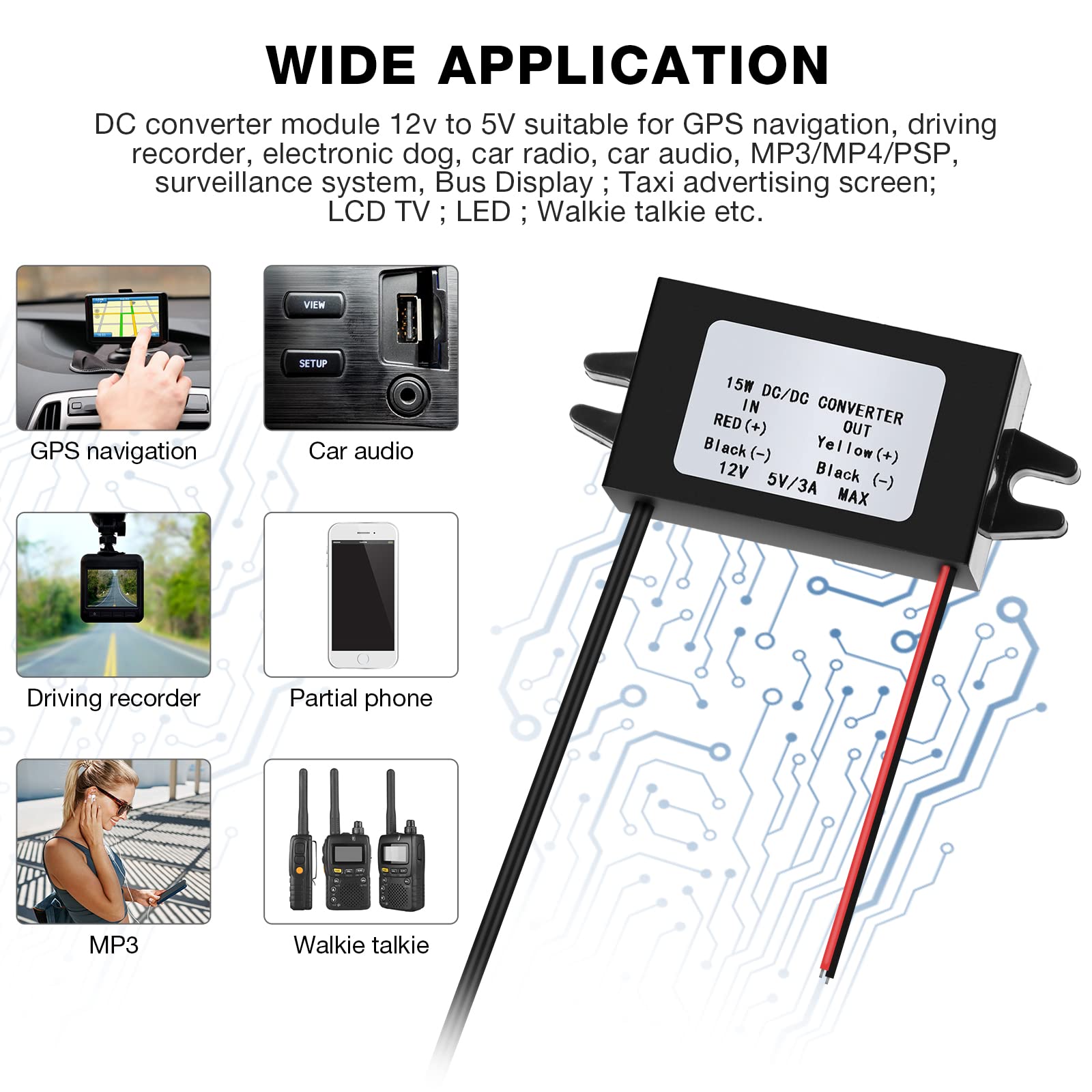 8 Pcs Pieces DC Converter 12V to 5V 3A 15W DC Buck Converter Module, DC to DC Reduced Voltage Regulator Car Power Converter Output Power Adapter, Double USB Interface