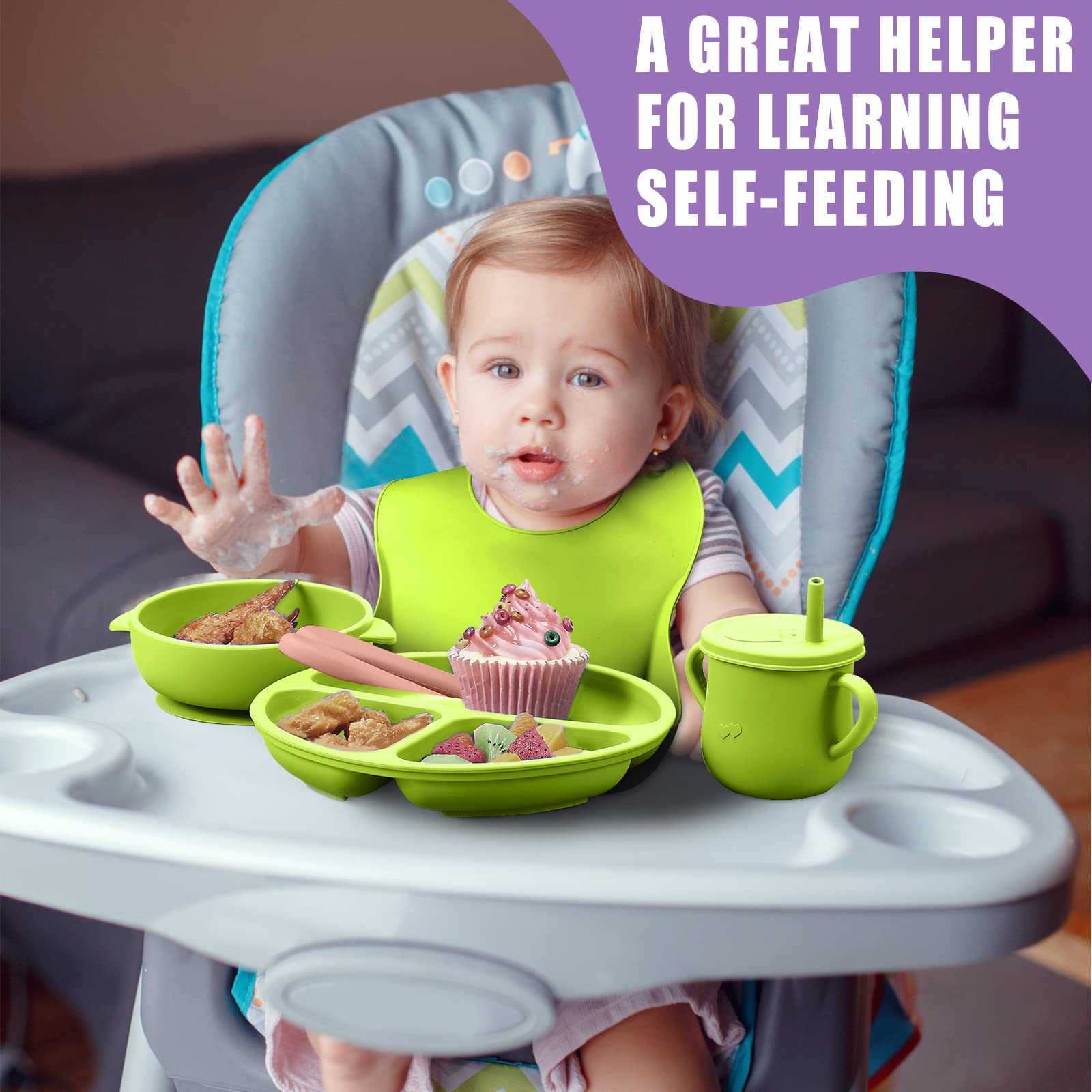 3 Sets Baby Led Weaning Supplies, Silicone Baby Feeding Set with Divided Plate Adjustable Bib Suction Bowl with Lid Snack Cup Soft Spoon Fork, Self Eating Utensil (Beige, Orange, Mint)