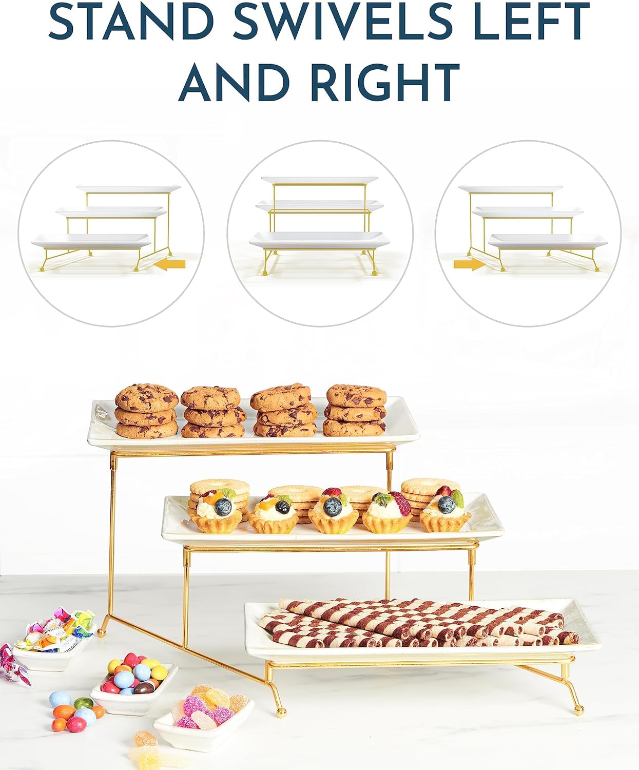 3 Tier Gold Serving Tray Stand with Dipping Bowls - Dessert and Fruit Platter for Hosting, Parties, Celebrations - Swiveling Collapsable Stackable