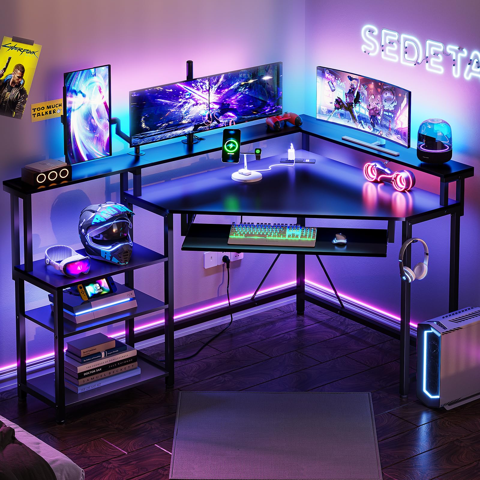 SEDETA Corner Desk, Small Computer Desk with Power Outlets, Gaming Desk with LED Lights, Home Office Desk with Storage for Small Space, Rustic Brown