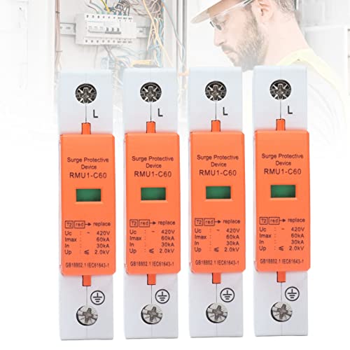 4Pcs 1P Surge Protective Device, Orange DIN Rail Mounting SPD House Arrester Protector Device for AC 420V RMU1‑C20/40/60(Imax:60kA)