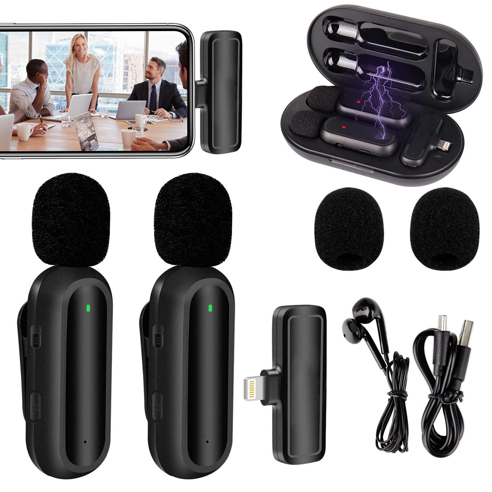 2Pack Wireless Lavalier Microphone with Charging Case for iPhone iPad 2.4GHz Plug & Play Lapel Mic Auto-sync Noise Reduction Wireless Microphone for Recording, YouTube, TikTok, Facebook Live Stream