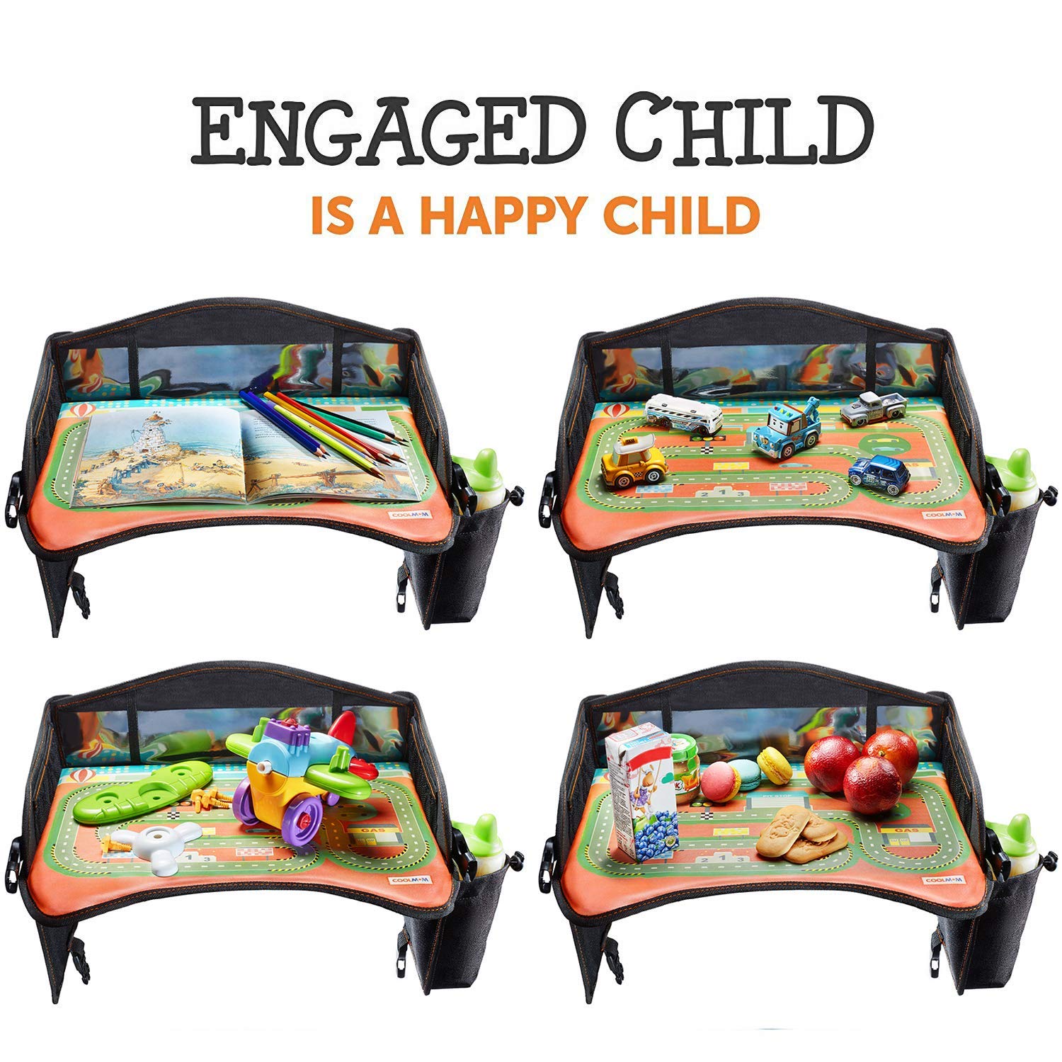 Coolmum Kids Travel Tray, Toddler Car Seat Tray, Double Sided Activity Organizer, Snack Lap Tray, Baby Stroller Tray, Airplane Play Table, Waterproof and Foldable (Premium Black)
