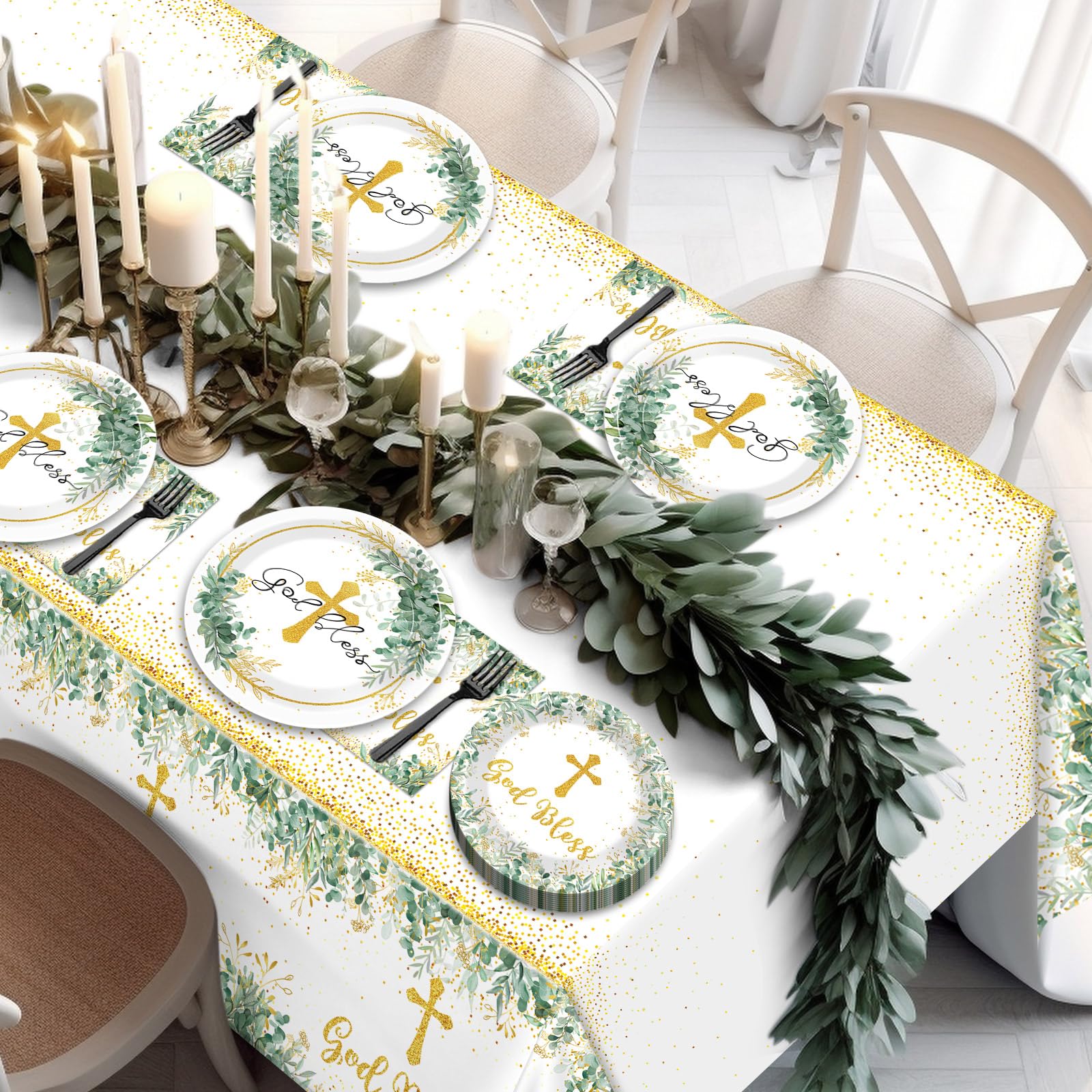 98pcs God Bless Plates Baptism Tableware First Holy Communion Mi Bautizo Disposable Tableware Set with Plates Napkins Tablecloth for Newborn Baby Shower Party Christening Religious Party Decorations