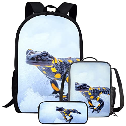 Agoviwo Salamander Print Kids School Backpack Set Large Bookbag Daypack with Lunch Box and Pen Bag