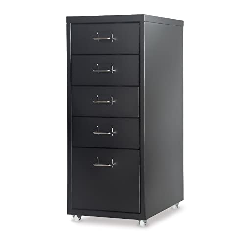 corpuwn 5 Drawer Mobile Storage Cabinet, 27" Metal Storage Dresser Cabinet with Castor Wheels,16" Deep Small Organization Chest for Home Office,Easy Assembly Without Screws,Black