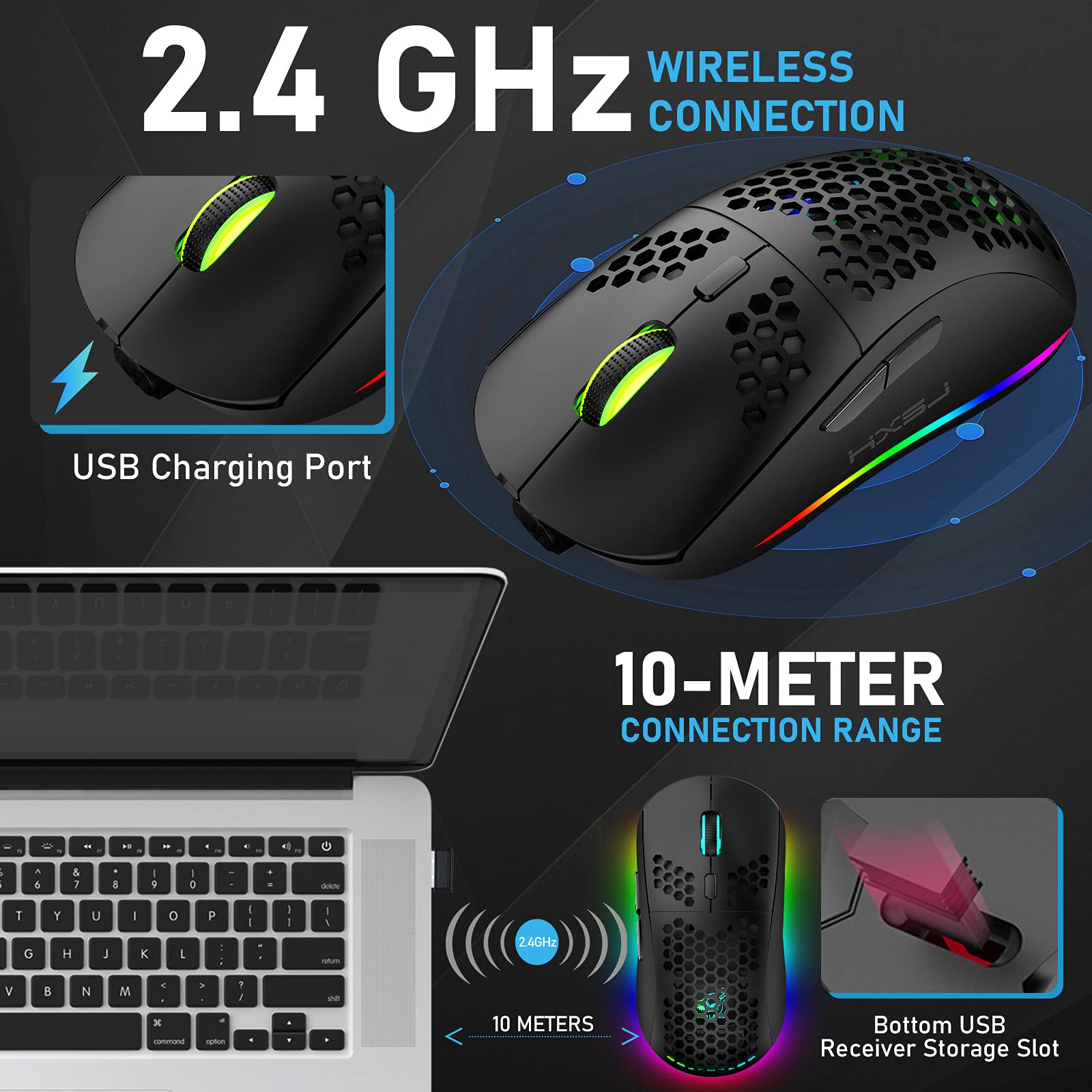 4 in 1 Wireless Gaming Keyboard Mouse and Converter with RGB Backlit Mini 61Key Ergonomic Honeycomb Shell 2.4Ghz USB Receiver Bluetooth Wired Adapter for PS4 PS3 Xbox Switch PC Mac Gamer Typist(Black)