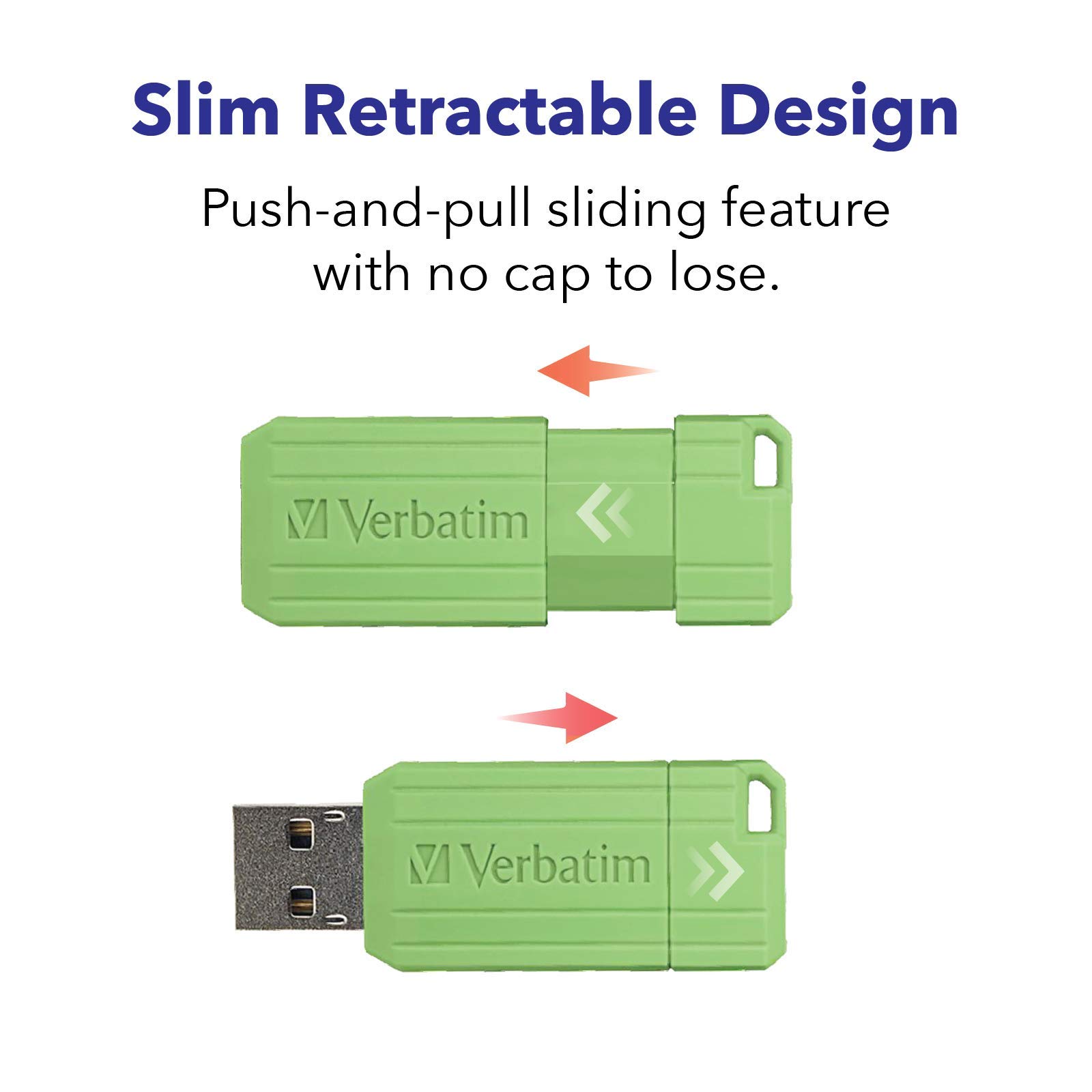 Verbatim 8GB Pinstripe USB 2.0 Flash Drive Retractable Thumb Drive - 5 Pack - Multicolor (Green, Blue, Red, Purple, Cyan)