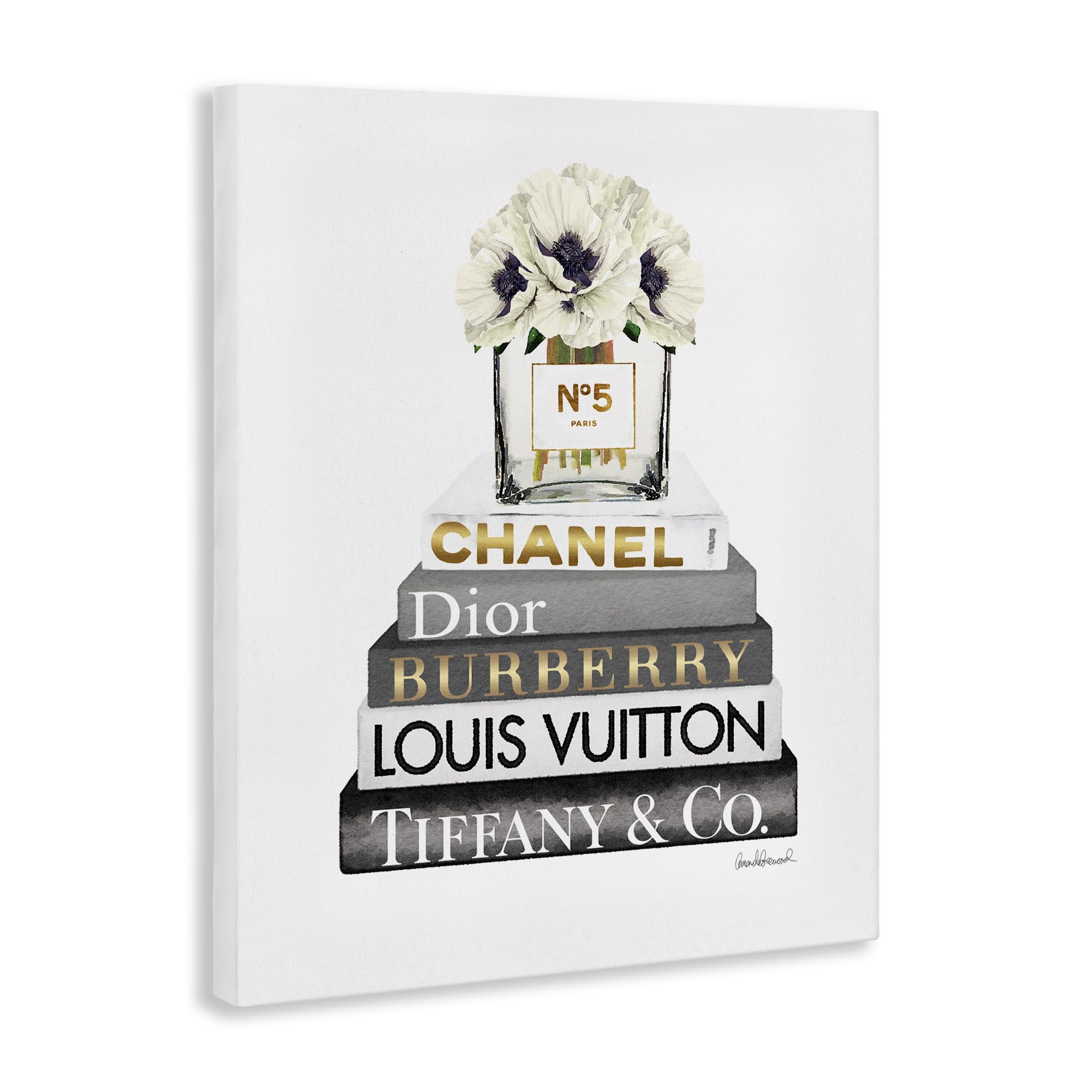 Stupell Industries Blooming White Floral Display on Glam Designer Bookstack Wall Art, 16 x 20, Gallery Wrapped Canvas