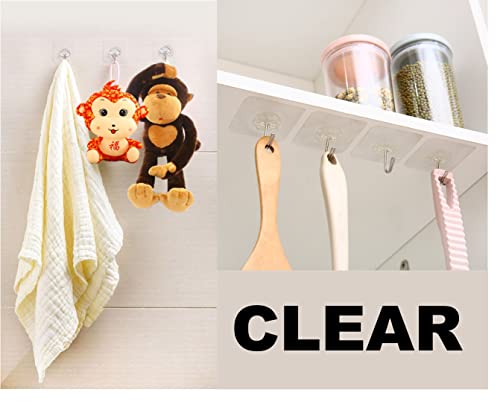 QUALIALL Adhesive Hooks, 20 Packs, 33lbs/15kg Premium Heavy Duty Wall Ceiling Hooks for Hanging, Damage Free, Clear Sticky Hanger for Kitchen, Bathroom Shower Outdoor Use.