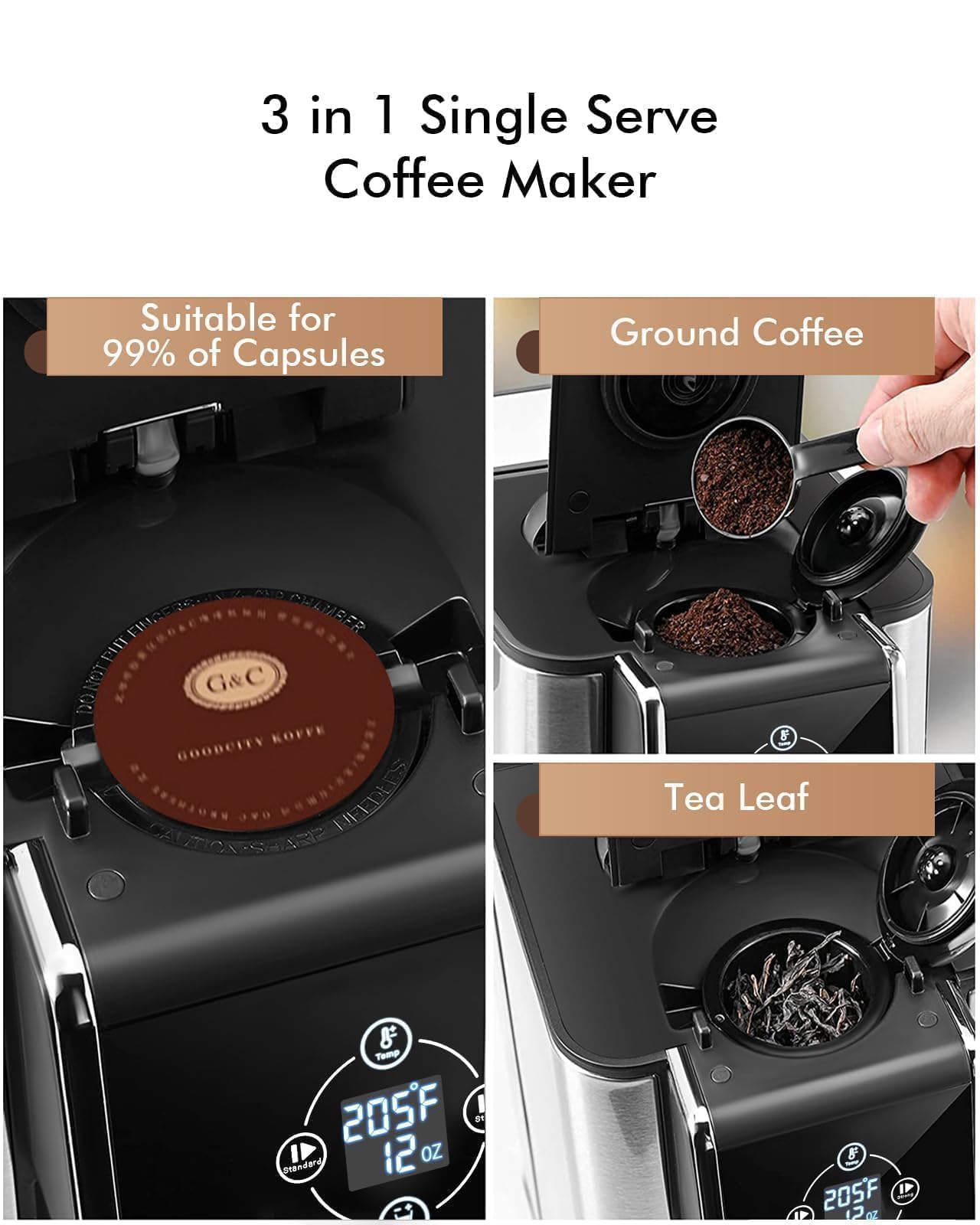 3-in-1 Capsule Coffee Machine - Single Serve Brewer for Coffee Pods, Ground Coffee, & Loose Tea, 6-12oz Brew Sizes, 50oz Removable Tank, 1150W, Compact, Efficient, White