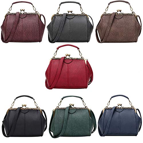Arnosoar Vintage Kiss lock Handbag Women Purses Solid PU Leather Top-Handle Bag Indigo-blue