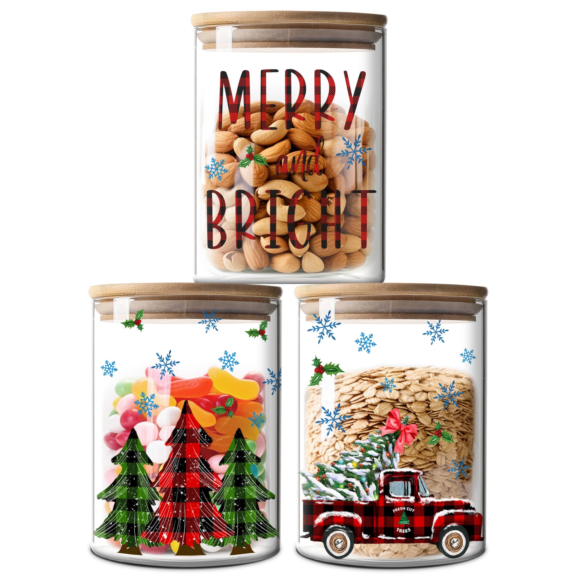 3-Pack Buffalo Plaid Christmas Canister Sets with Airtight Lids - Kitchen Counter Decor Gifts