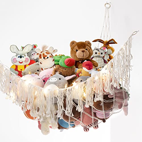 CUHIOY Toy Hammock for Stuffed Animals Large, Toy Storage Net Fits 40 Teddy Bears with Lights, Kids Mesh Hanging Nursery Organizer, Plush Toys Holder on Bedroom Wall Corner Decoration( Beige)|64x 64x 45 Inch