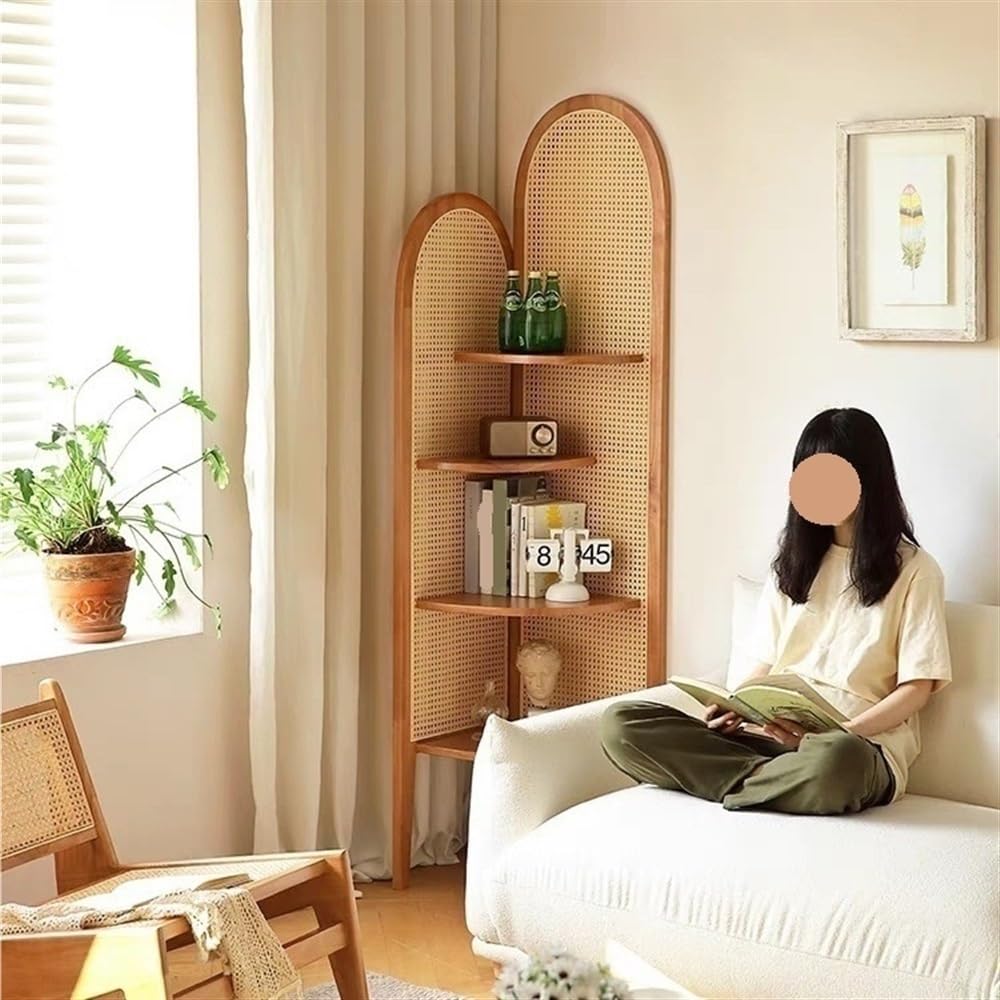 4-Tier Rattan Bookshelf, Free Standing Corner Storage Cabinet, Triangular Rattan Shelf, Corner Wall Shelf with Solid Wood Frame for Living Room, Bedroom, Office(Orange)