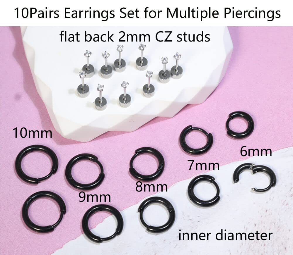 20G Small Cartilage Earrings Set for Women Surgical Stainless Steel, Screw Flat Back Mini Helix Earrings Tiny Hoops and Studs Earrings Set for Multiple Piercing Hypoallergenic, Pack of 10 Pairs ( 6/7/8/9/10mm Silver Hoops & 2mm CZ Studs)