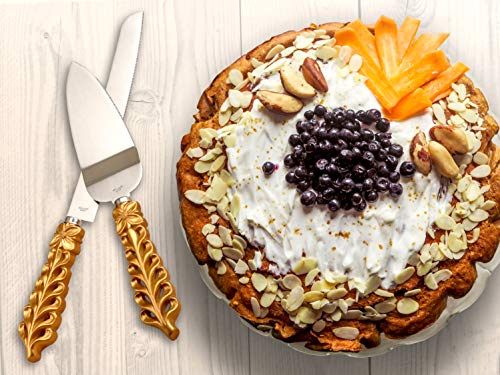 FASHIONCRAFT 2528 Gold Lattice Botanical Collection Stainless Cake Knife Set, One Set includes the Cake knife and Cake Server