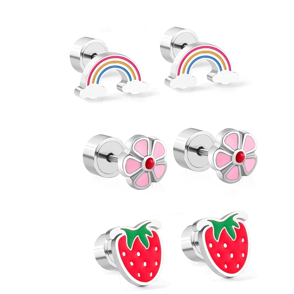 20g Strawberry Flower Rainbow Tiny Small Stud Earrings for Women Cartilage Tragus Sensitive Ear Flat Back Cute Stainless Steel Hypoallergenic Sleeper Huggie Piercing Fashion Jewelry Gifts Bff Birthday Daughter Xmas 3 Pairs Set