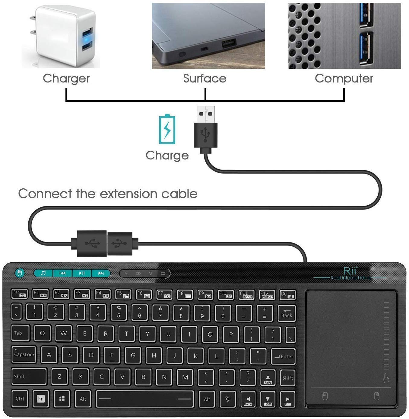 Rii K18 Plus Wireless 3-LED Color Backlit Multimedia Keyboard with Multi-Touch Big Size Trackpad,Rechargable Keyboard for Android TV Box,PC,Smart TV,Xbox,Raspberry Pi, HTPC IPTV,Windows, MacOS (2.4G)